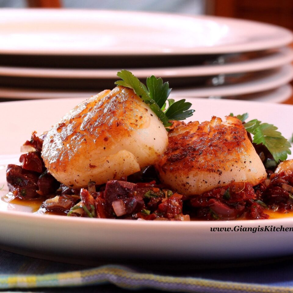 Seared Sea Scallops with Garlic Olive Compote | Giangi's Kitchen
