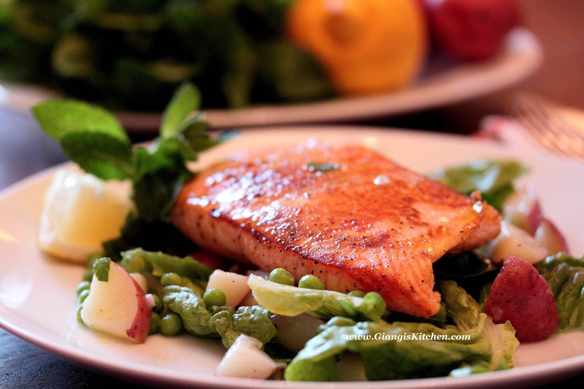 Seared Salmon with Peas, Potatoes and Mint | Giangi's Kitchen