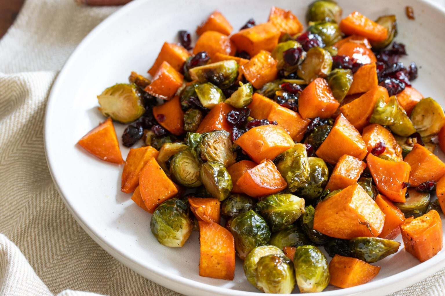 Roasted Sweet Potatoes, Brussels Sprouts and Cranberries | Giangi's Kitchen