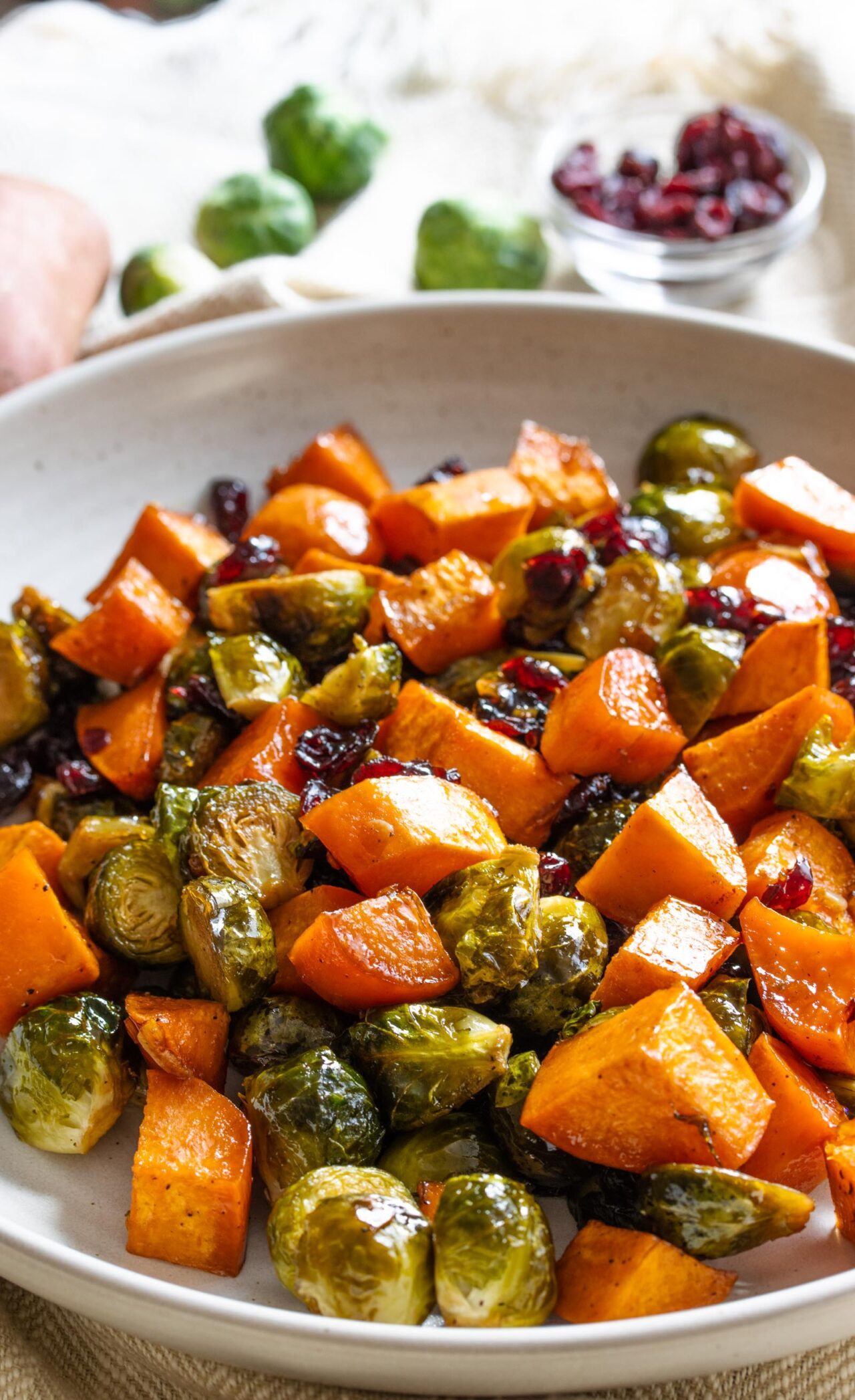 Roasted Sweet Potatoes, Brussels Sprouts and Cranberries | Giangi's Kitchen